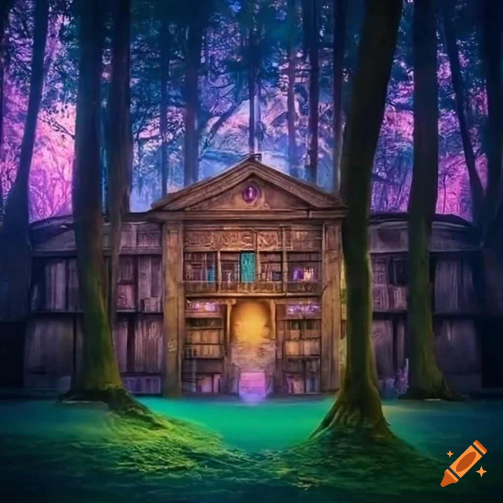 Gigantic ancient library in the middle of a bright enchanted forest ...