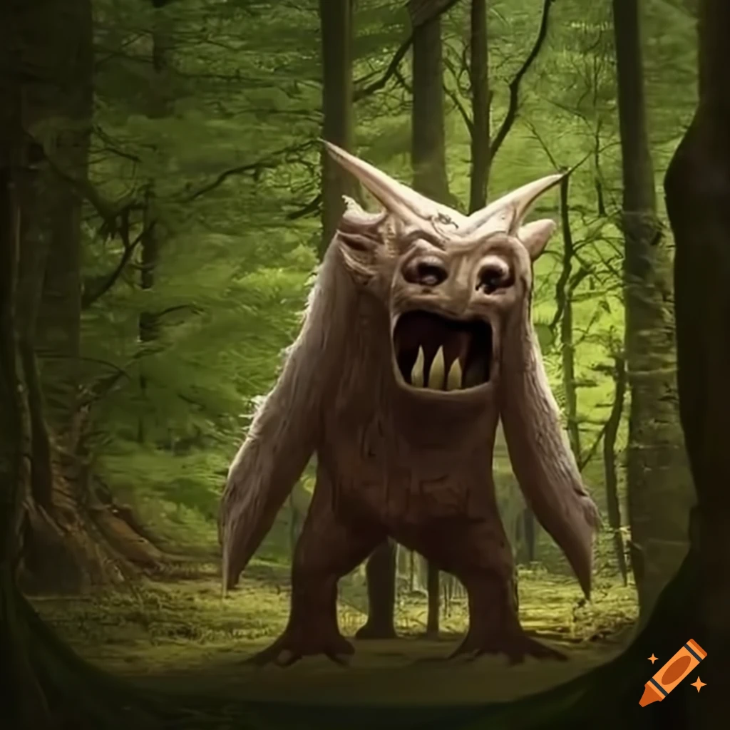 Walking trees in a forest with a short monster behind a tree on Craiyon