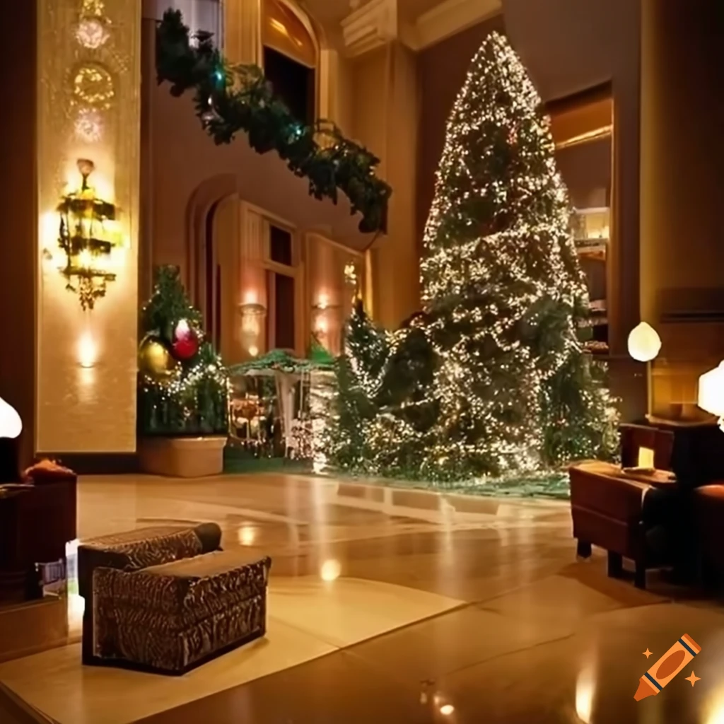 Warm and inviting Christmas scene in a festively decorated hotel lobby ...