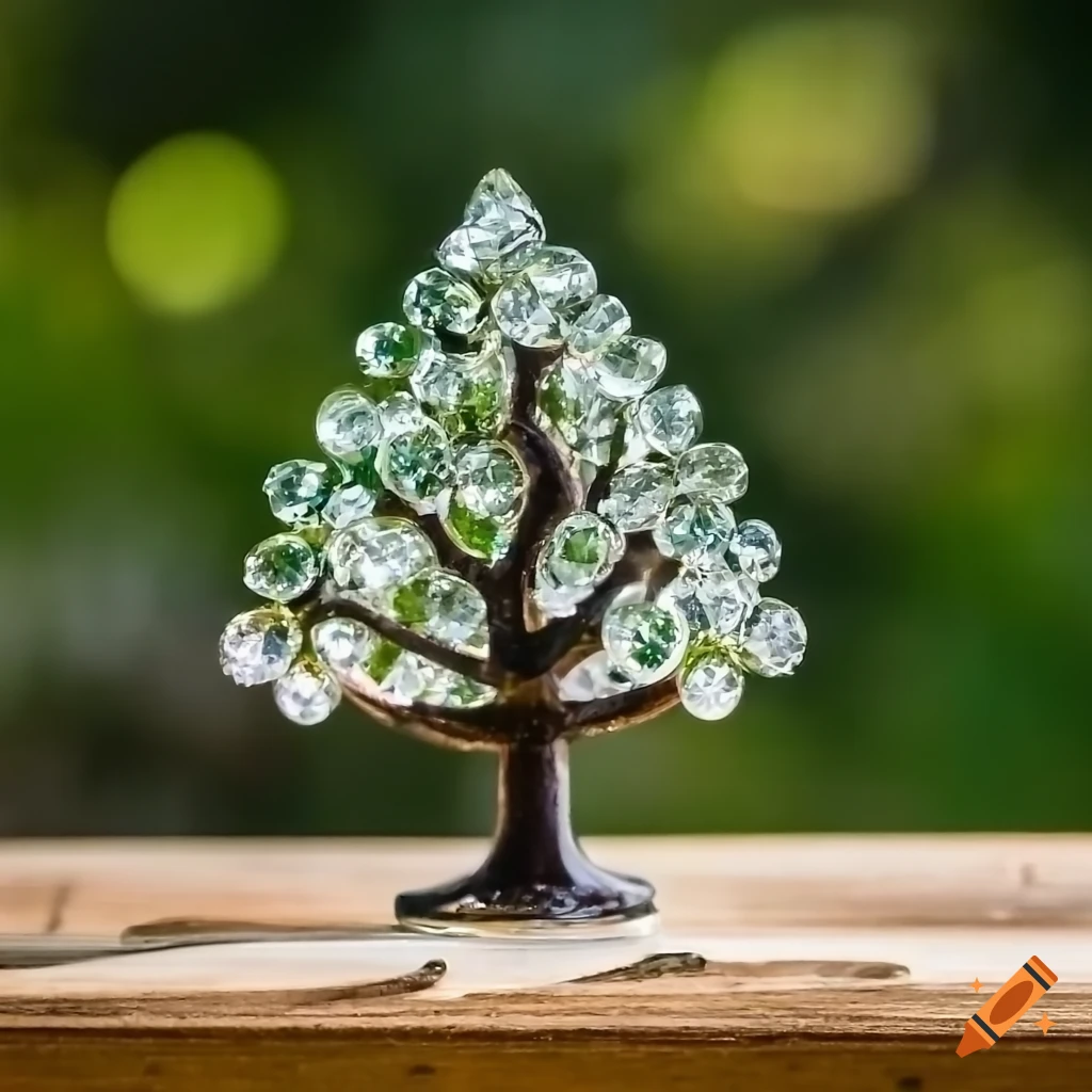 Glass sculpture of a small tree on a wooden table in evening light on ...