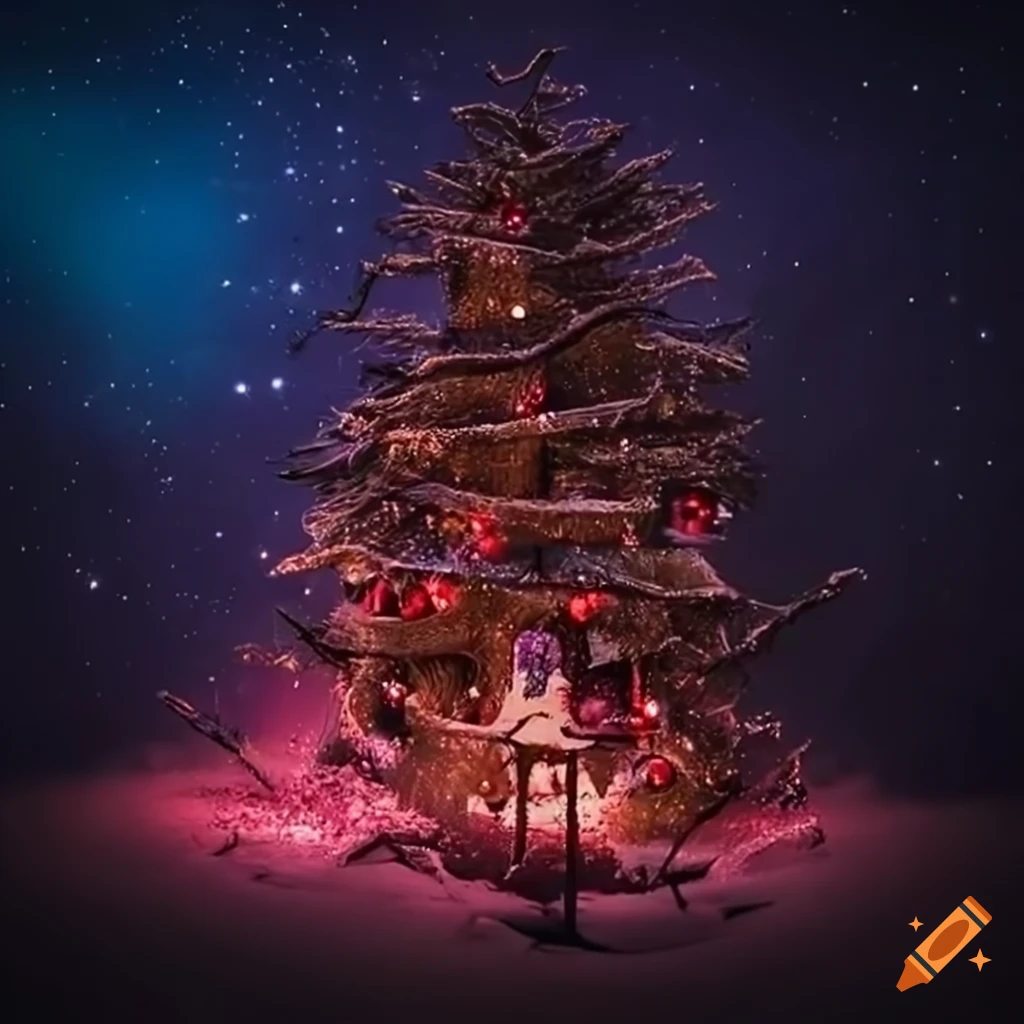 Broken and ruined Christmas tree in a snowy town night on Craiyon