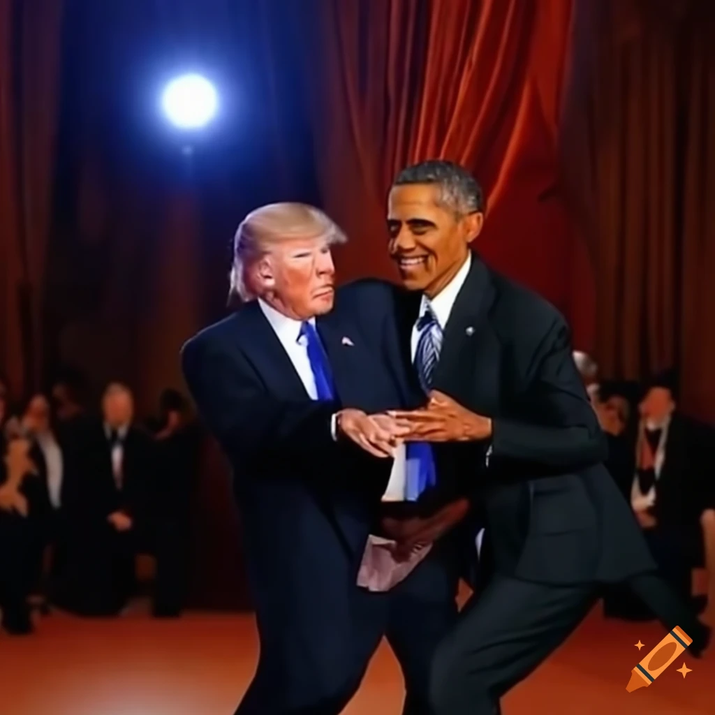 Barack Obama and Donald Trump playfully slow dancing at a ball on Craiyon