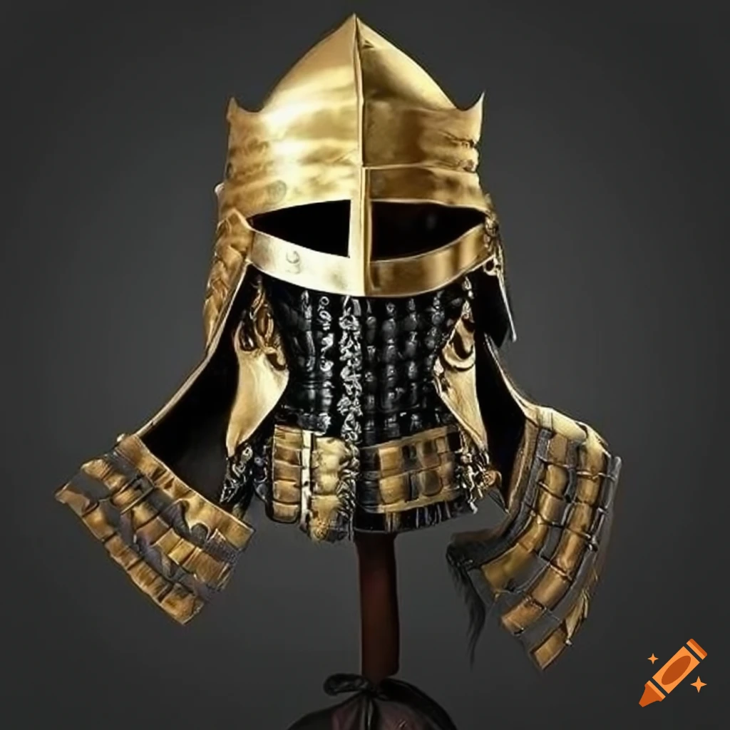 Medieval knight armor set in black and gold colors