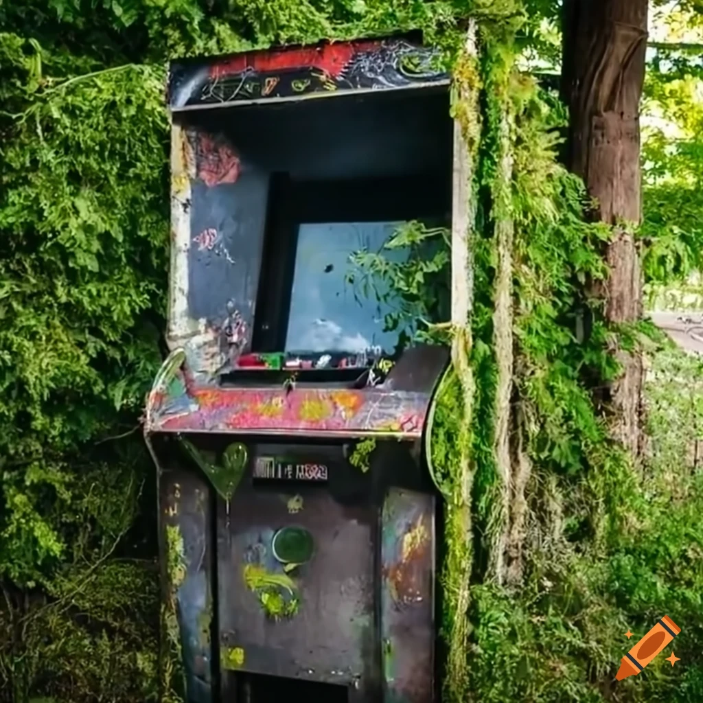 Abandoned retro arcade machine with overgrown vines and moss in a post ...