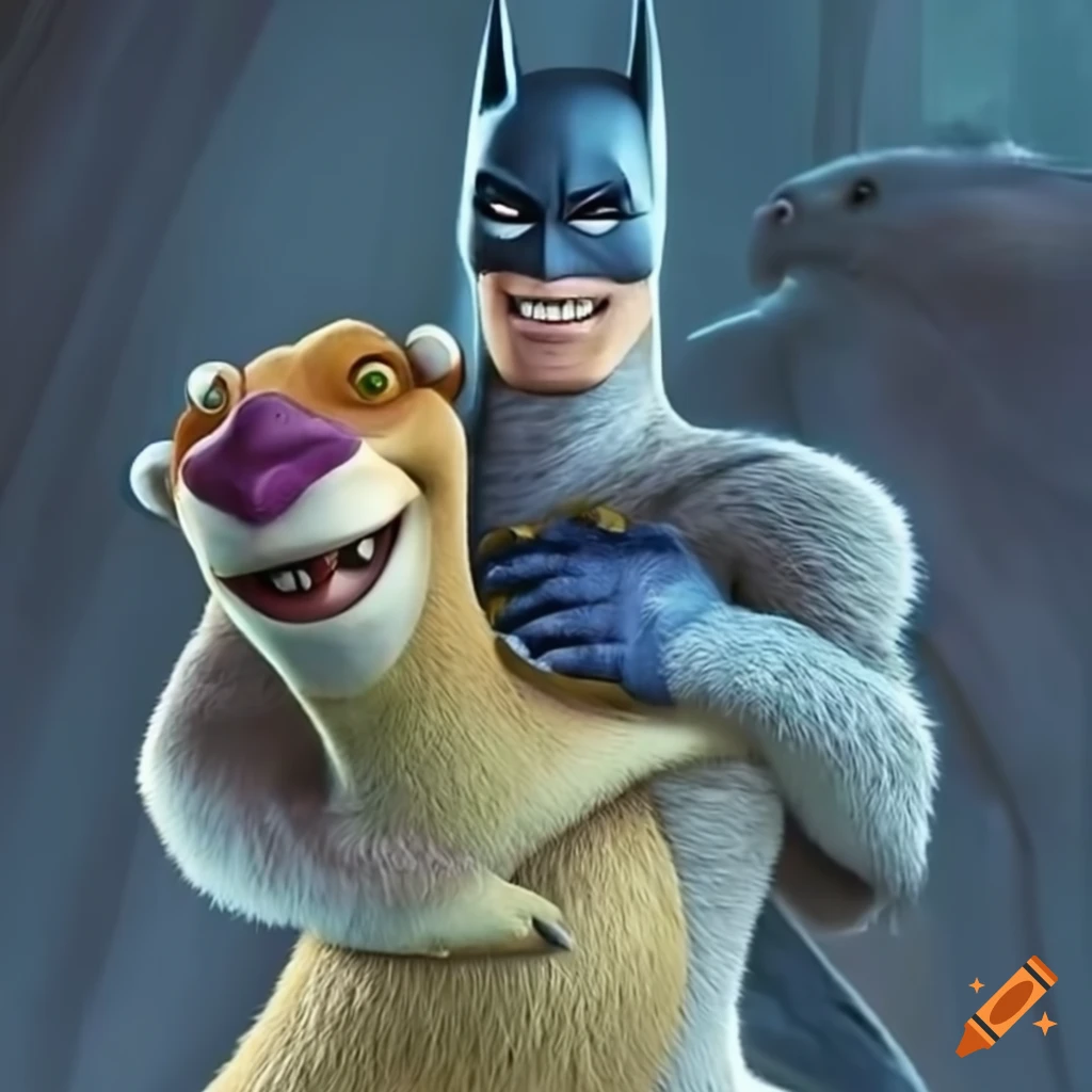 Batman and sid from ice age embracing in a side hug on Craiyon