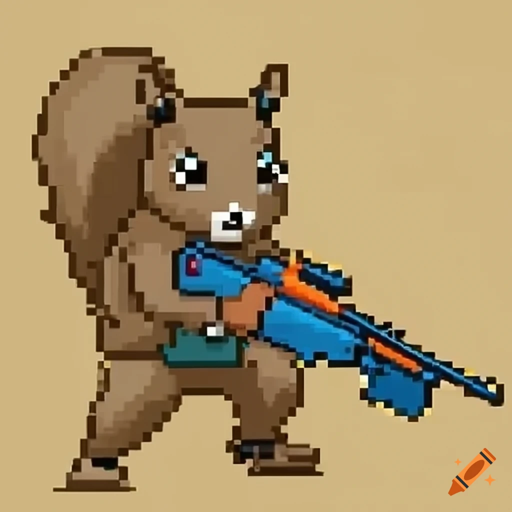 Pixelated techno squirrel with toy rifle on Craiyon
