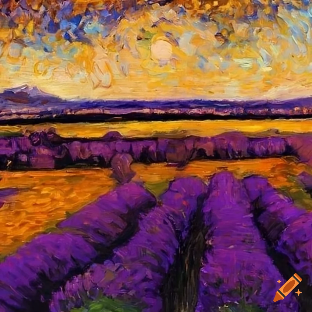 Lavender field during golden hour, painted by van gogh on Craiyon