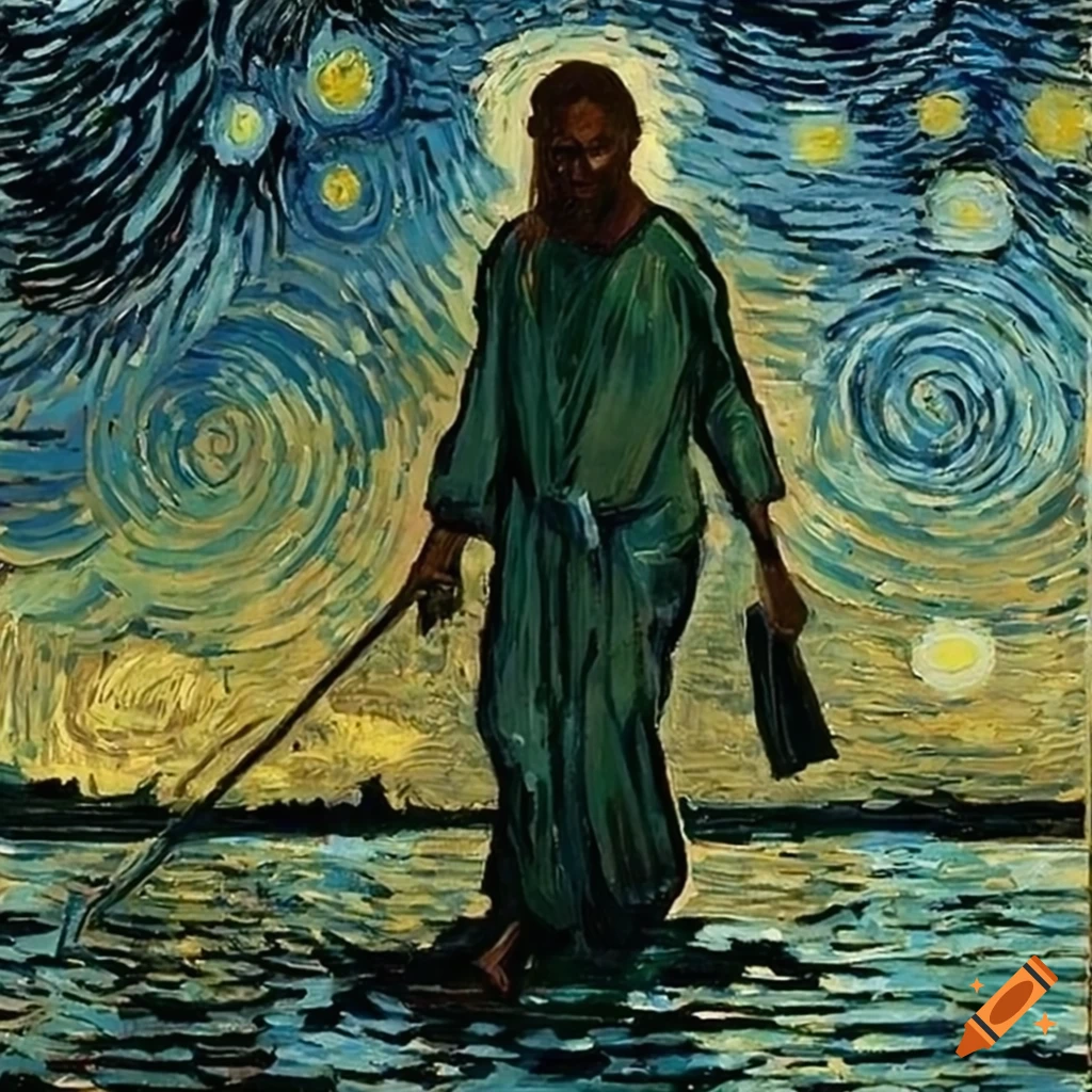 Representation of jesus walking on water in a van gogh style on Craiyon