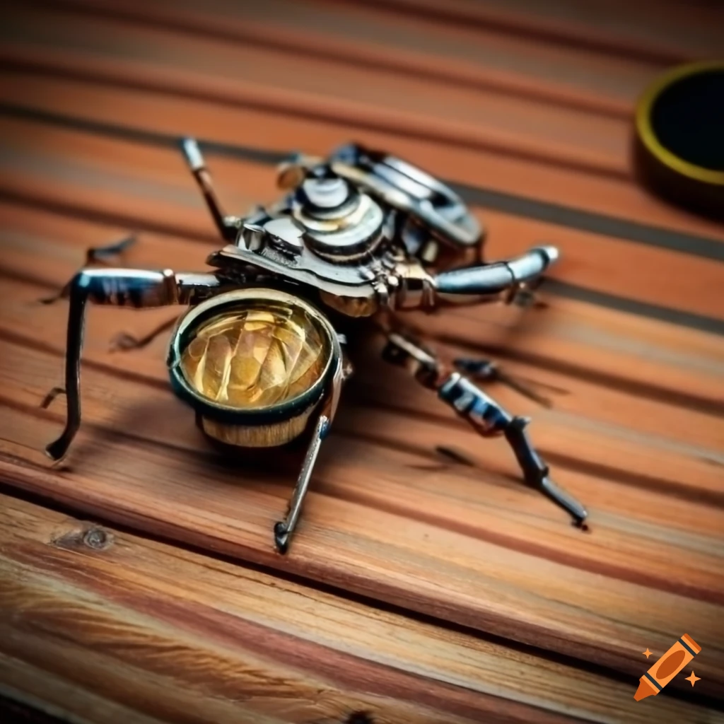 Chrome mechanical steampunk insect on a wooden table with shallow depth ...