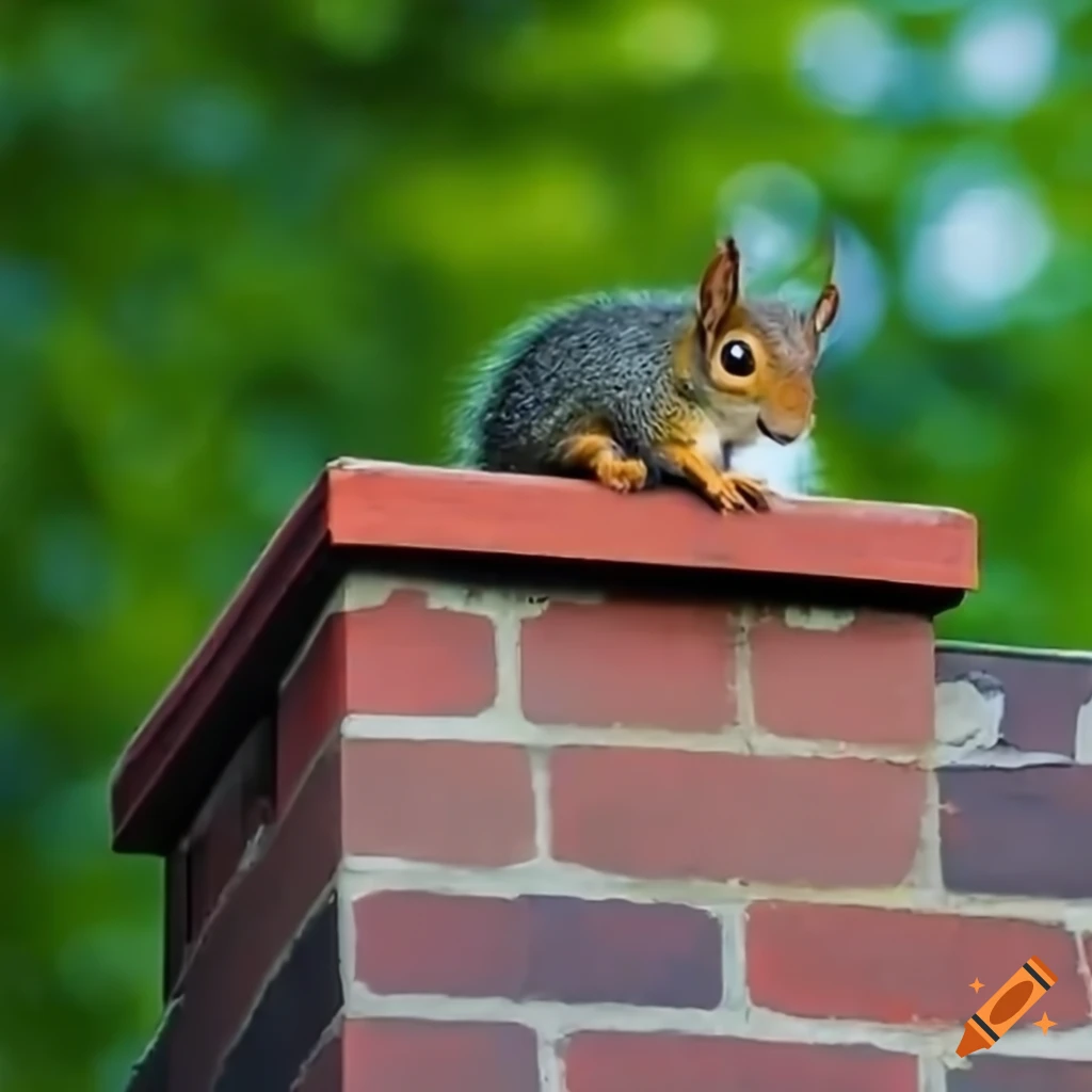 Happy squirrel peeking out of a modern home chimney on a sunny day on ...