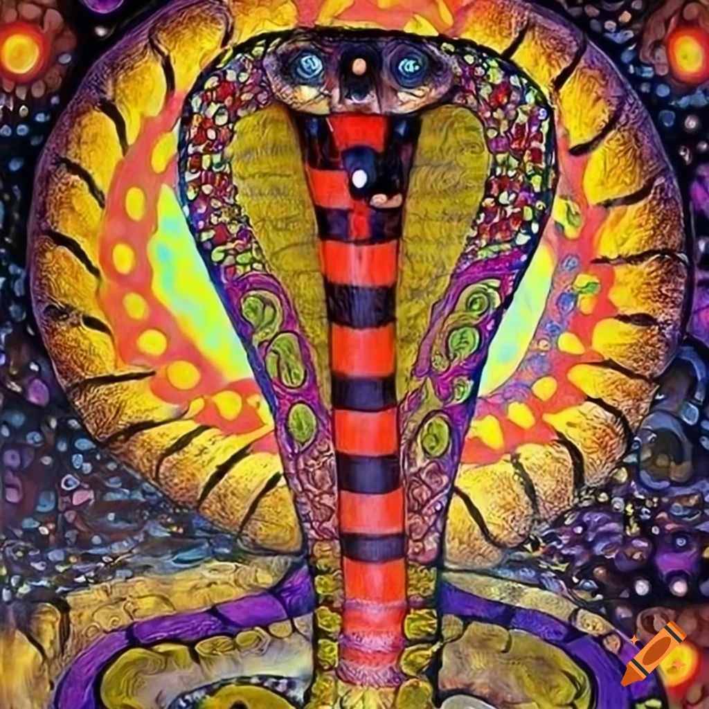 Surrealism depiction of a psychedelic cobra with hypnotic eyes in a ...