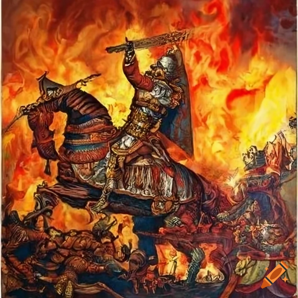 Colorful depiction of Frederick the First with raised sword amidst ...