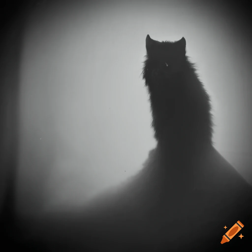 Eerie vintage black and white photograph of a werewolf's shadow on Craiyon