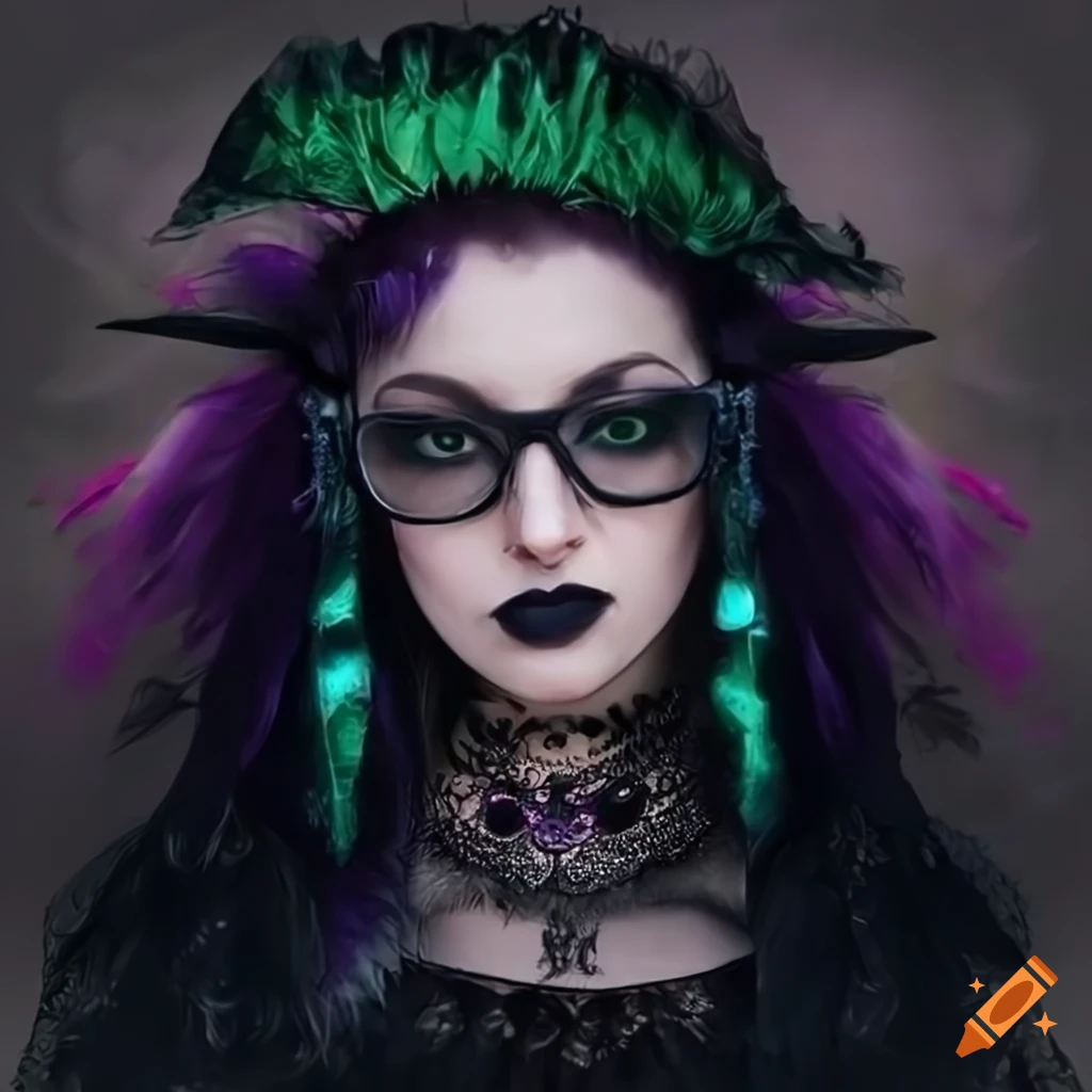 Gothic owl witch with black glasses and emerald and purple feathers in ...
