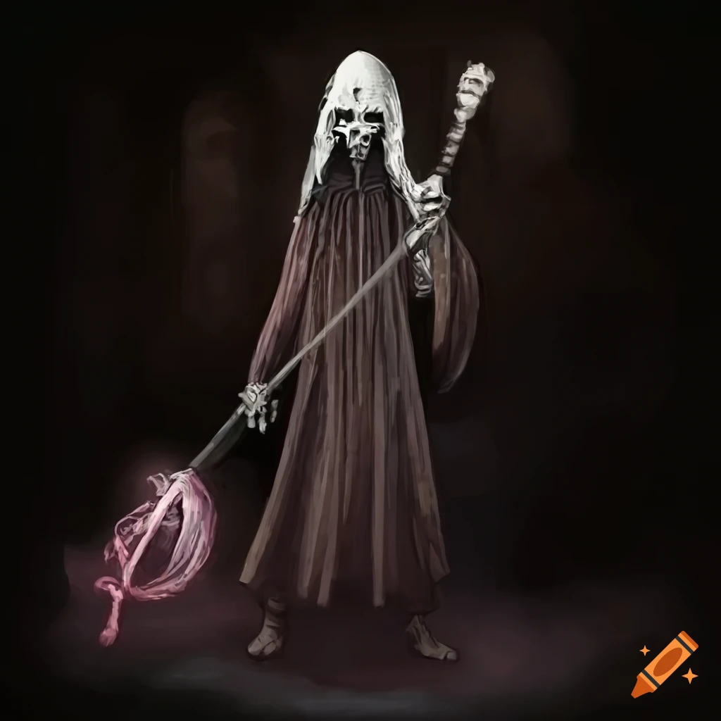 Tall necromancer with microphone staff summoning skeletons on Craiyon