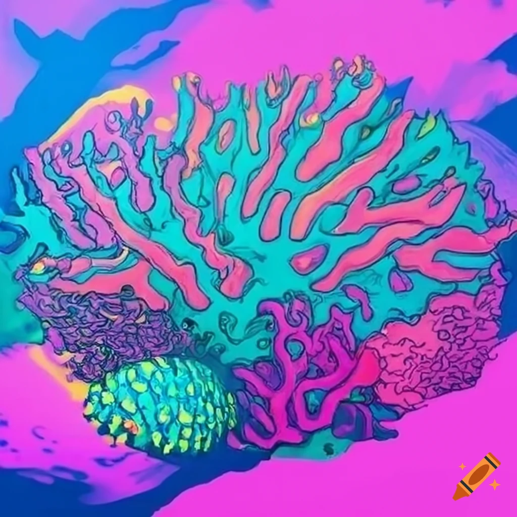 Vibrant vaporwave coral reef with 90s style painting and thick black ...