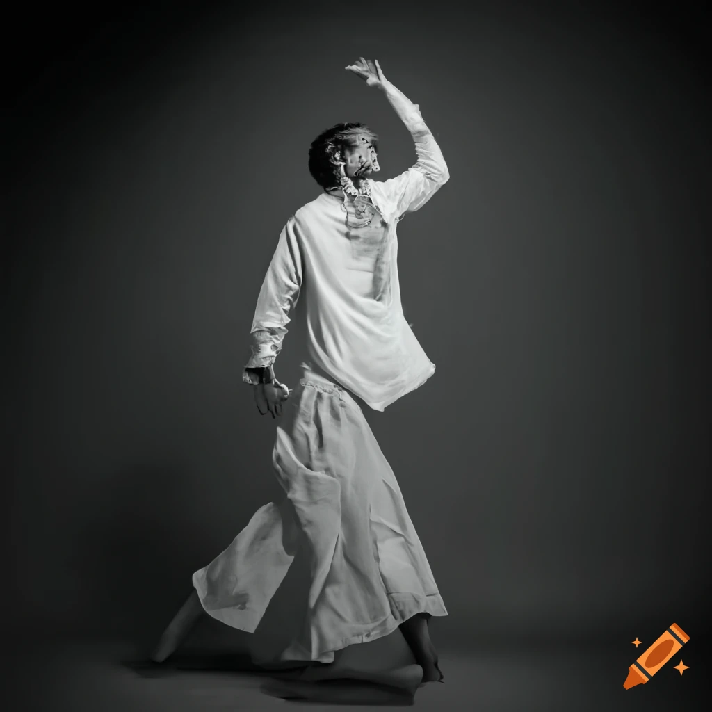 Graceful glowing man in flowy embroidered shirt and long skirt captured ...