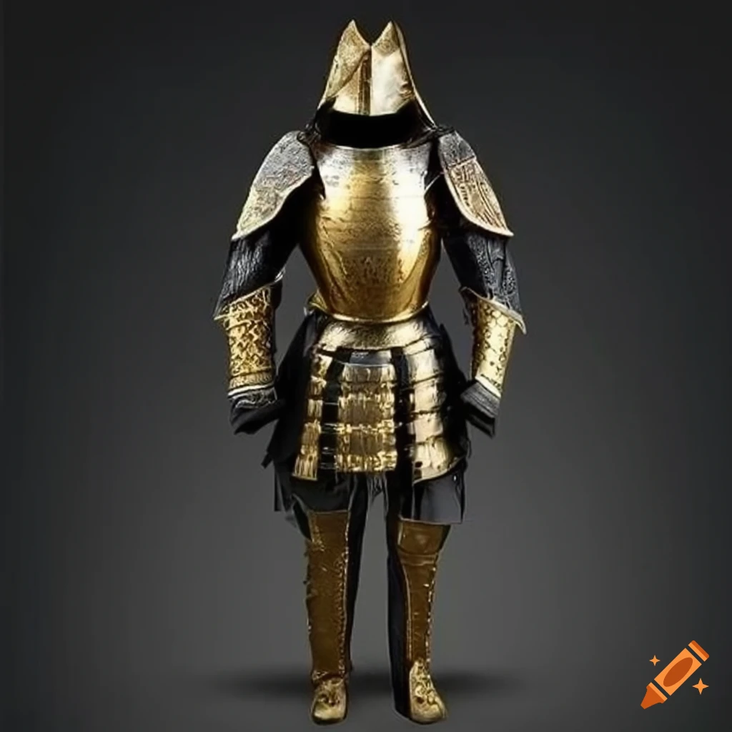 Medieval knight and samurai armor set in black and gold colors on Craiyon