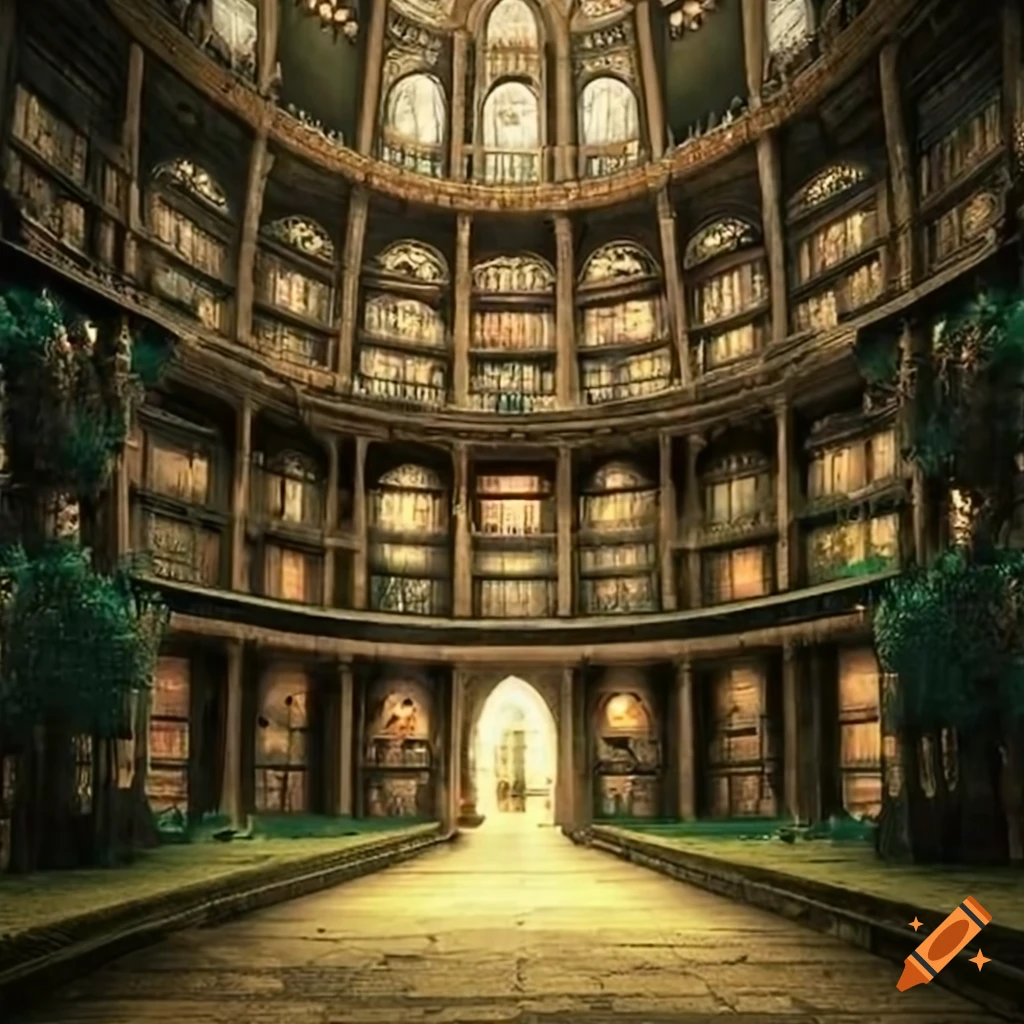 Gigantic ancient library in a bright enchanted forest surrounded by ...