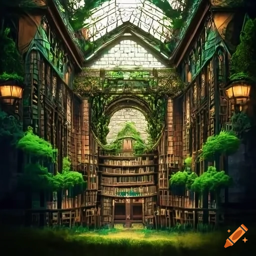 Gigantic ancient library in a bright enchanted forest surrounded by ...