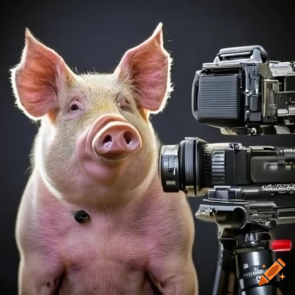 Pig wearing a uniform in front of a video camera on Craiyon
