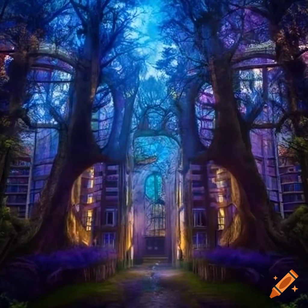 Gigantic library building in a bright enchanted forest surrounded by ...