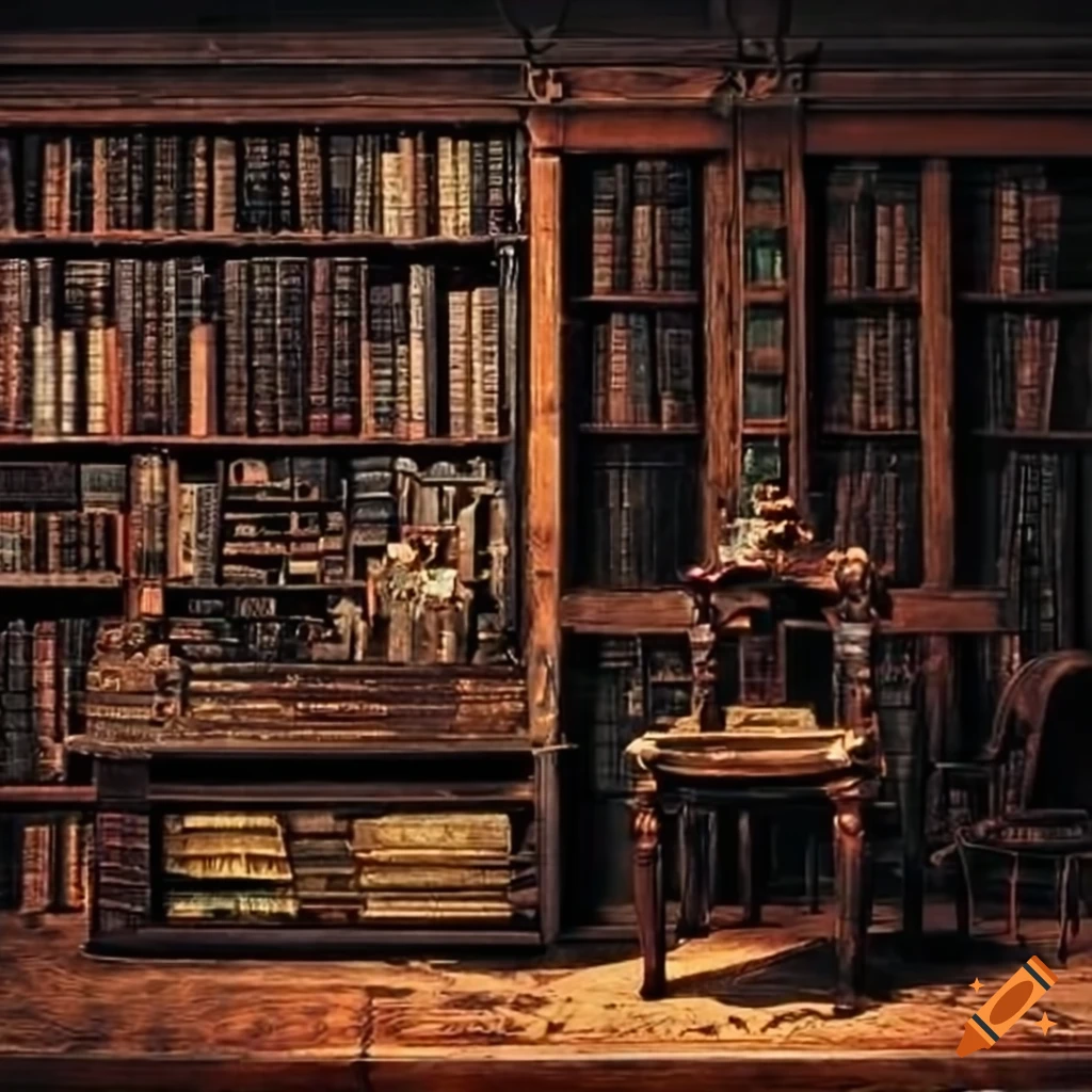 Dark, cluttered library room with ancient books and magical artifacts ...