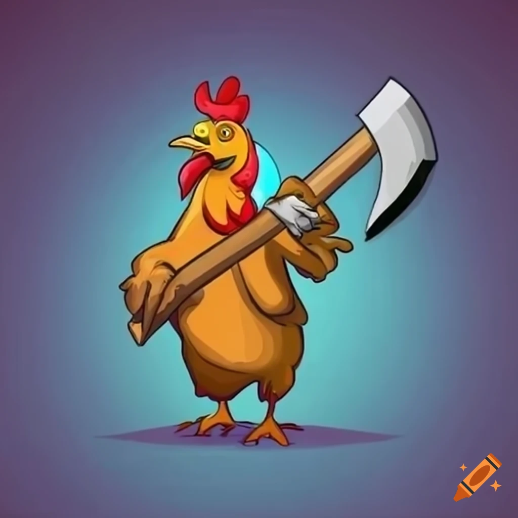 Cartoon chicken with an axe in vibrant colors on Craiyon
