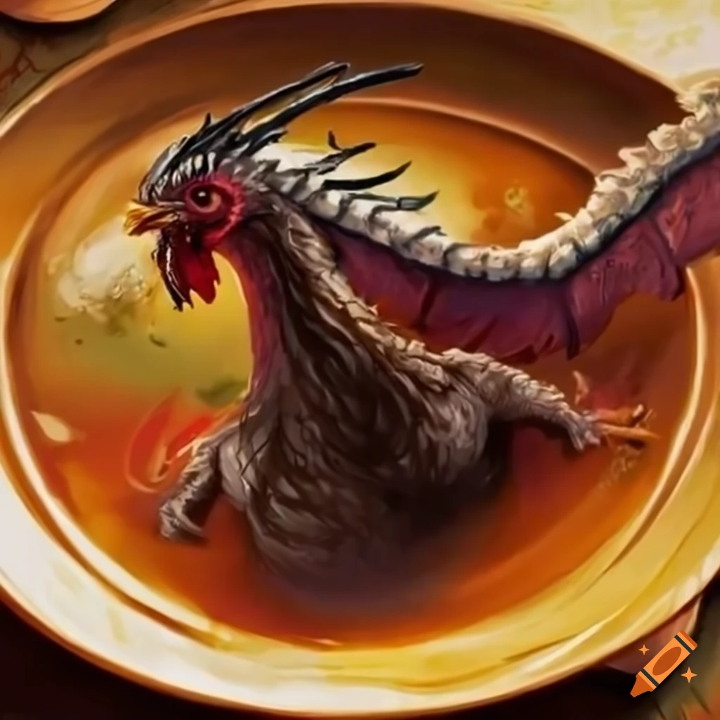 Chicken portrayed as a D&D dragon over a large plate of soup on Craiyon