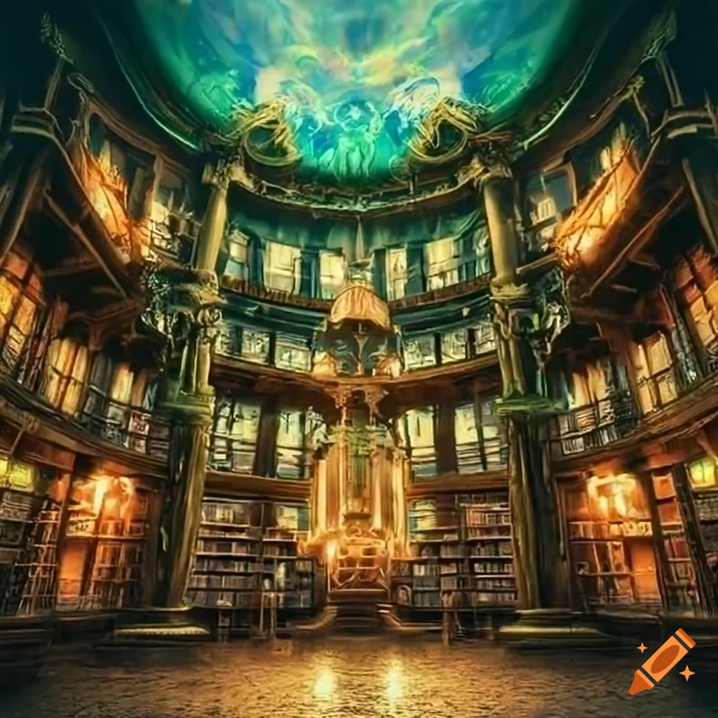 Gigantic ancient library in a bright enchanted forest surrounded by ...