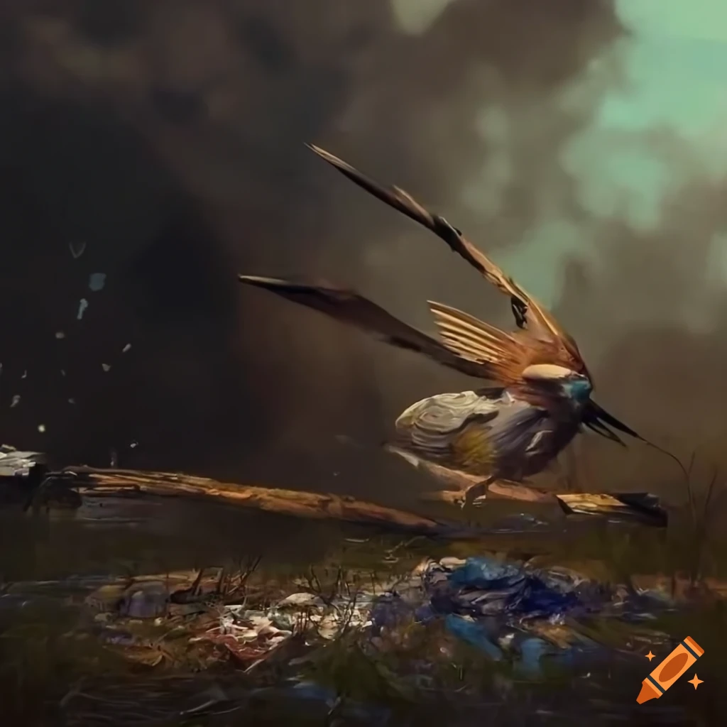 Distorted birds caught in chaotic web in a dystopian landscape ...