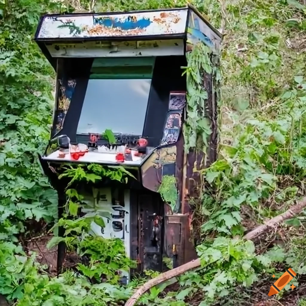 Abandoned retro arcade machine with overgrown vines and moss in a post ...