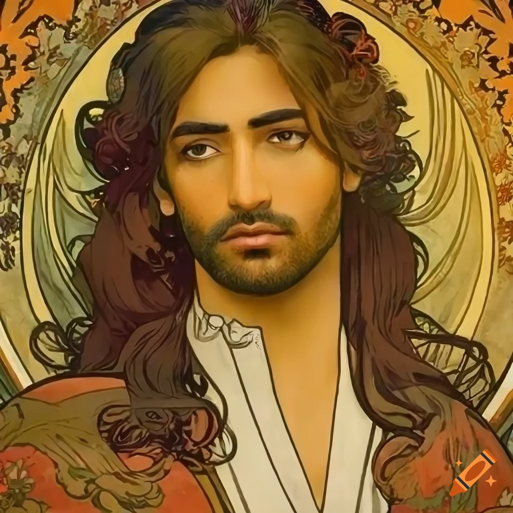 Alphonse mucha inspired poster of an indian male prince with wavy long hair