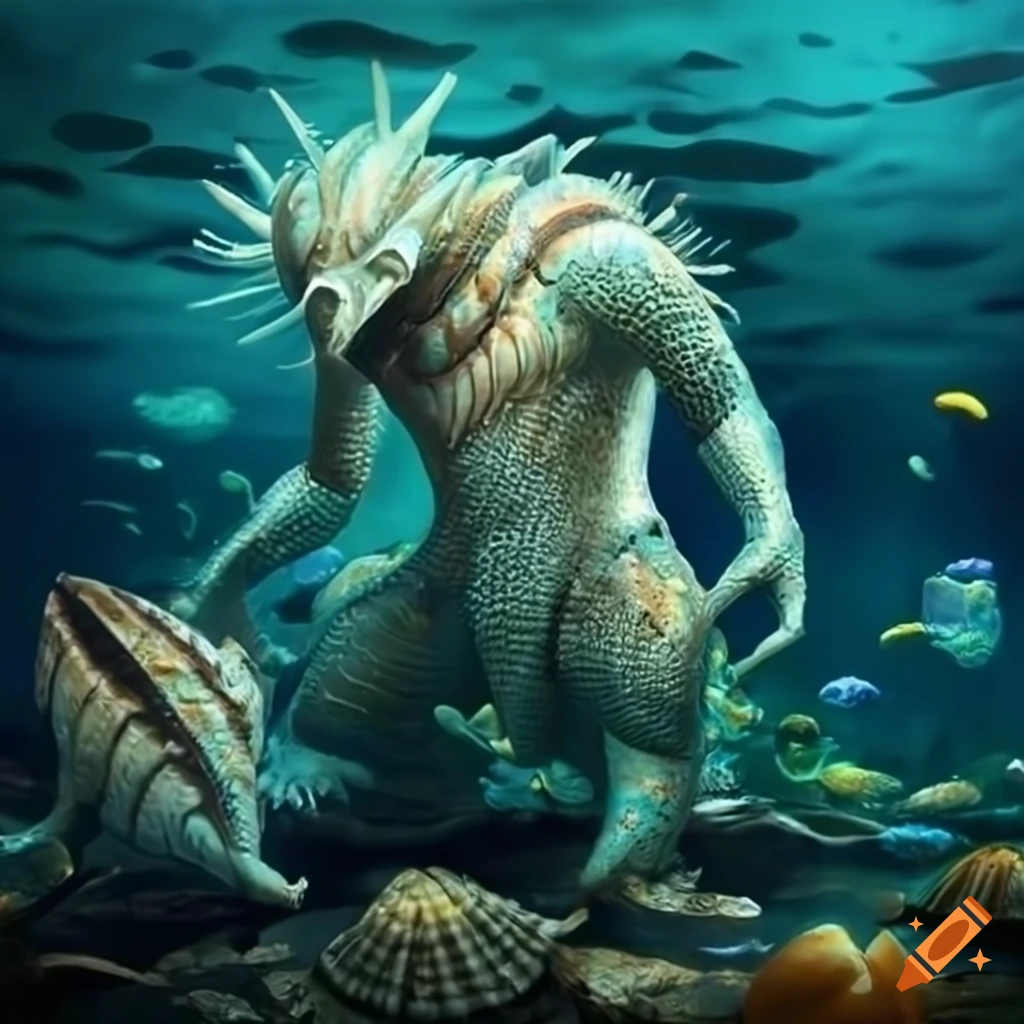 Fantasy water-dwelling creature with seashell armor underwater on Craiyon