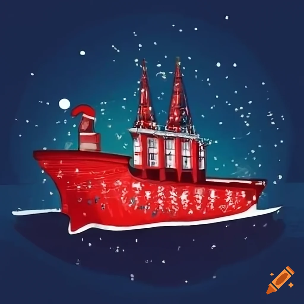 Red container ship with christmas theme