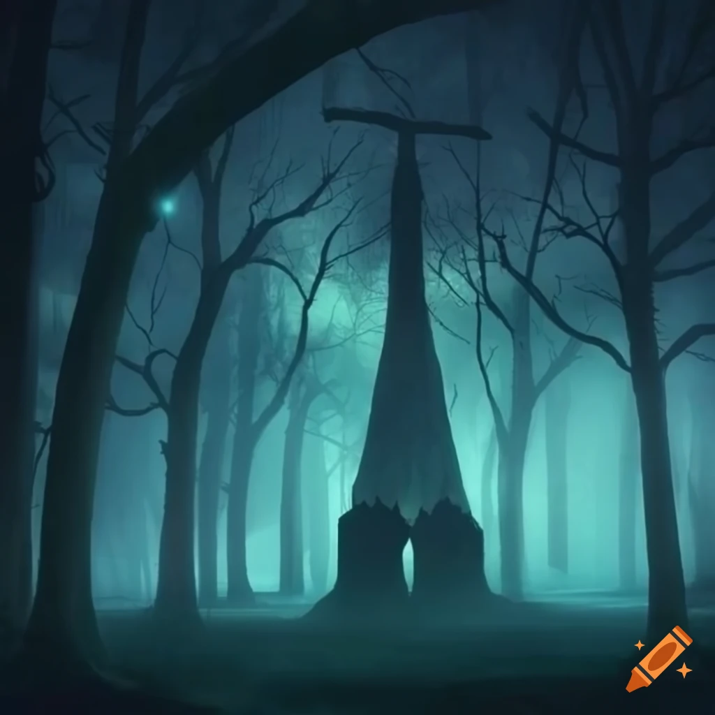 Gigantic pylon ruin in dark enchanted forest with hill and river on Craiyon