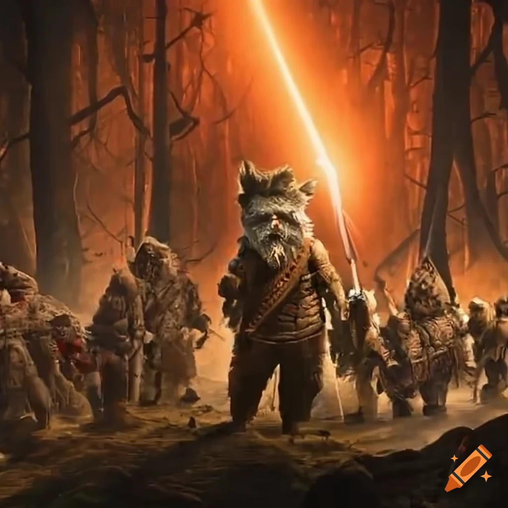 Ewok warriors in intense battle amid a blazing forest on Craiyon