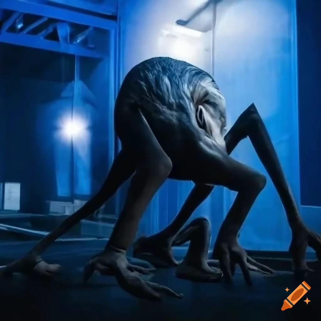 Strange creature crawling inside a factory with growths on its back on ...