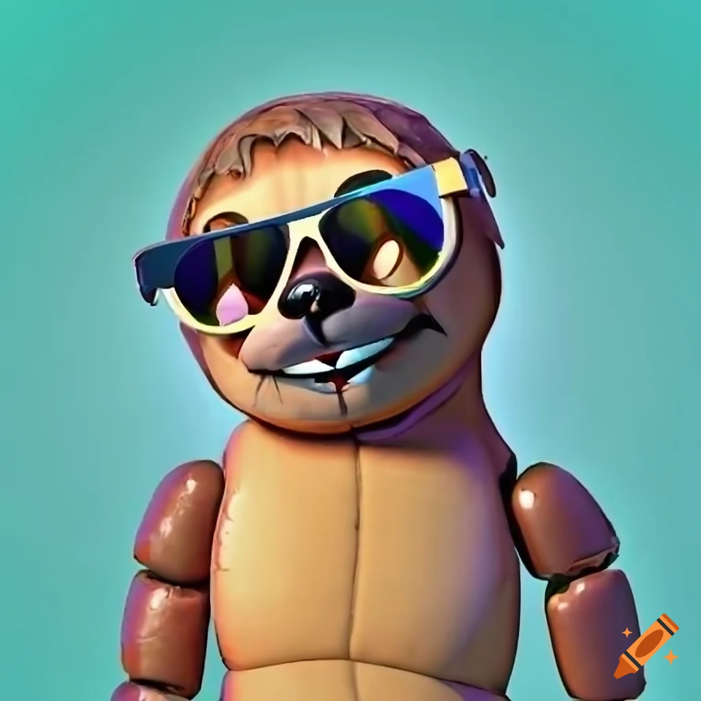 Cartoony animatronic of sunny the laid-back sloth in beach attire near ...