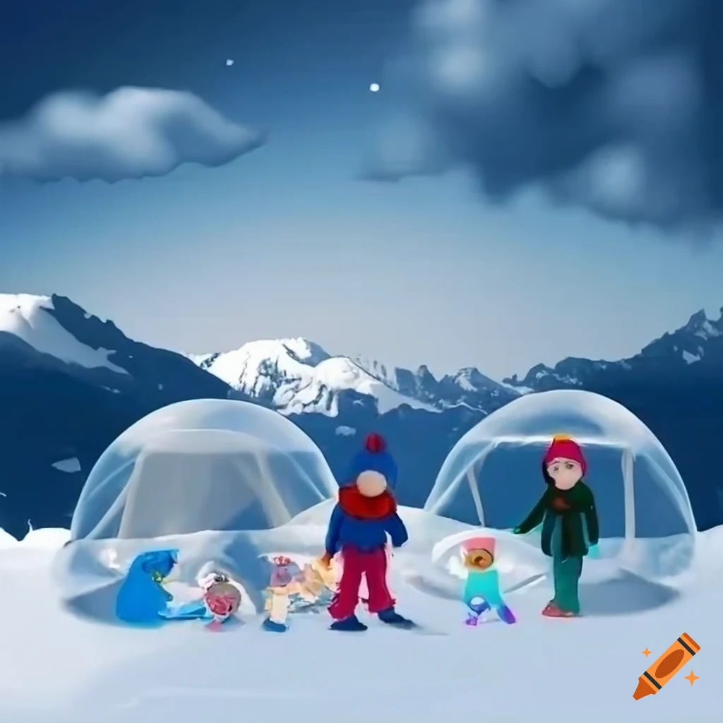 Children exploring a winter wonderland with igloos, snow-covered ...