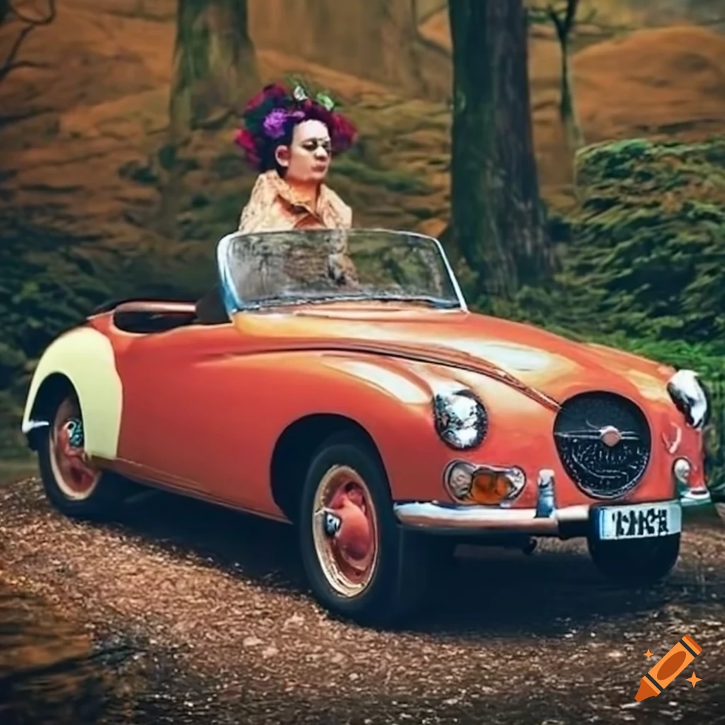 Frida kahlo driving a jaguar car in scotland on Craiyon