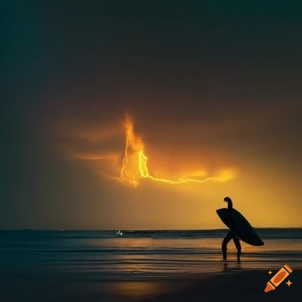 Surfers riding a wave under a dramatic golden backlight storm at night ...