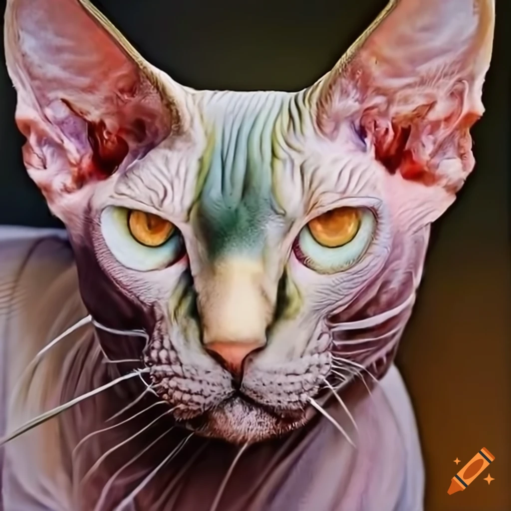 Intricately detailed close-up portrait of a Sphynx cat with a humanoid ...