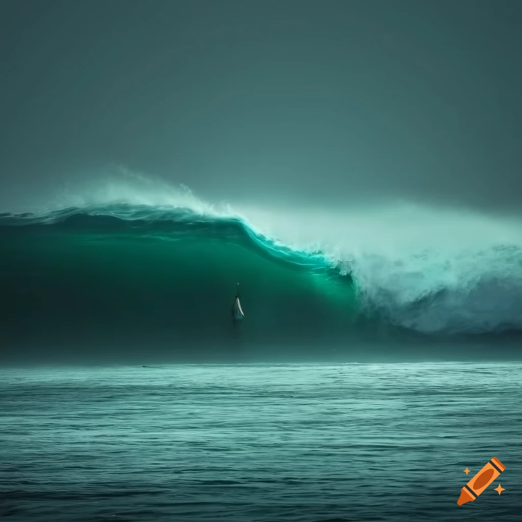 Surfers riding big waves in dramatic stormy green ocean at night on Craiyon