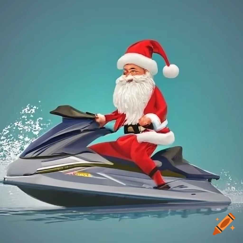 Santa claus riding a jet ski on Craiyon