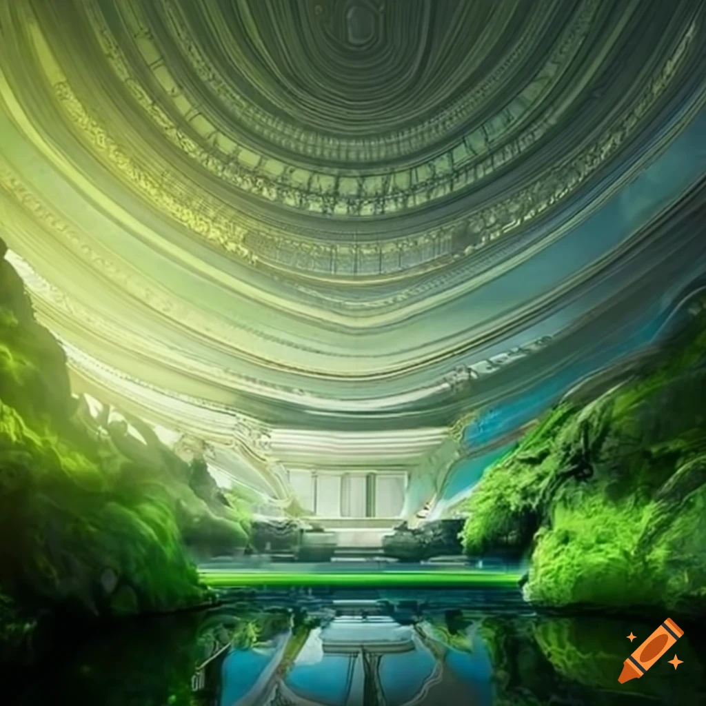 Futuristic temple with glass ceiling and lush green surroundings on Craiyon