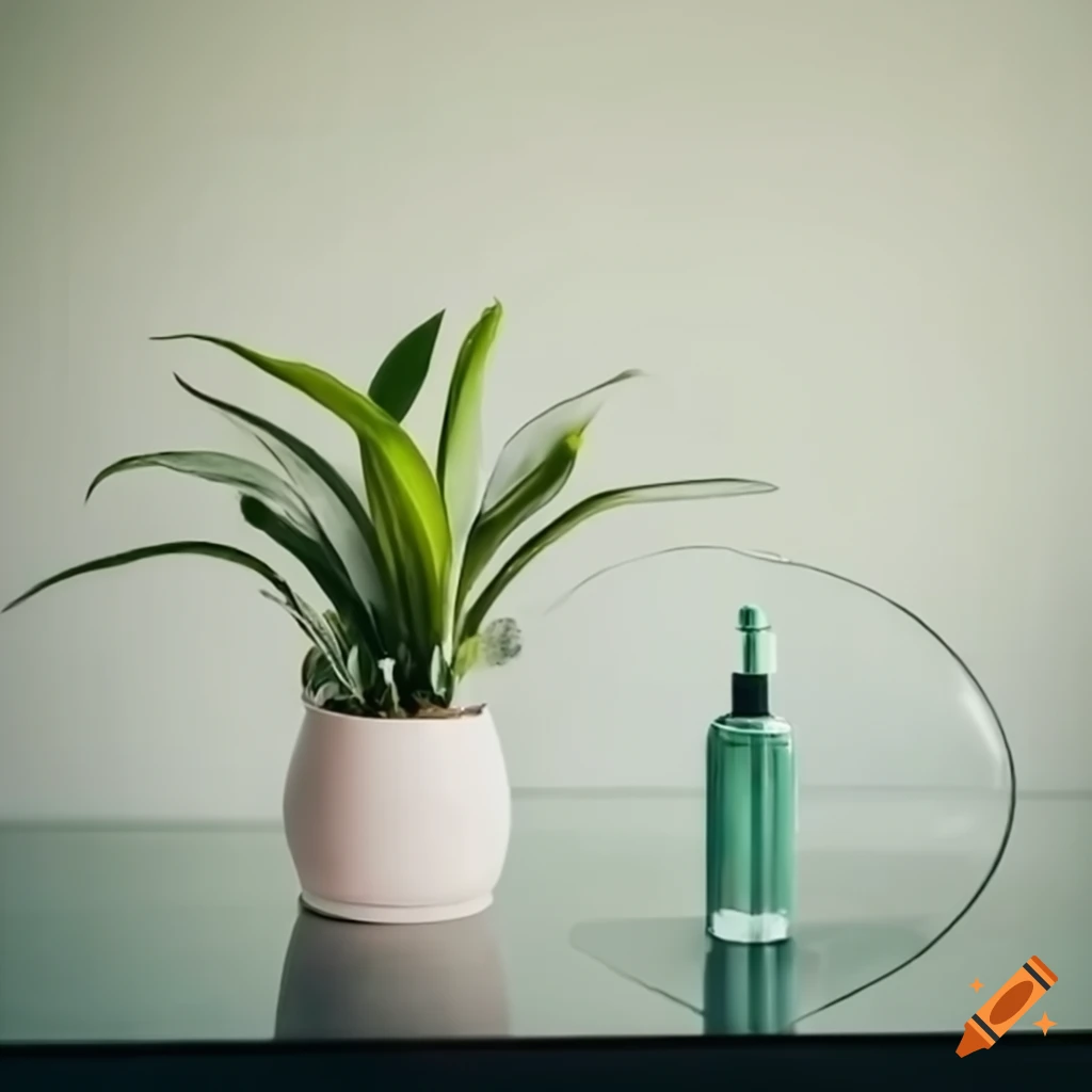 Clean room with glass table, plant, and sanitizer bottle on Craiyon