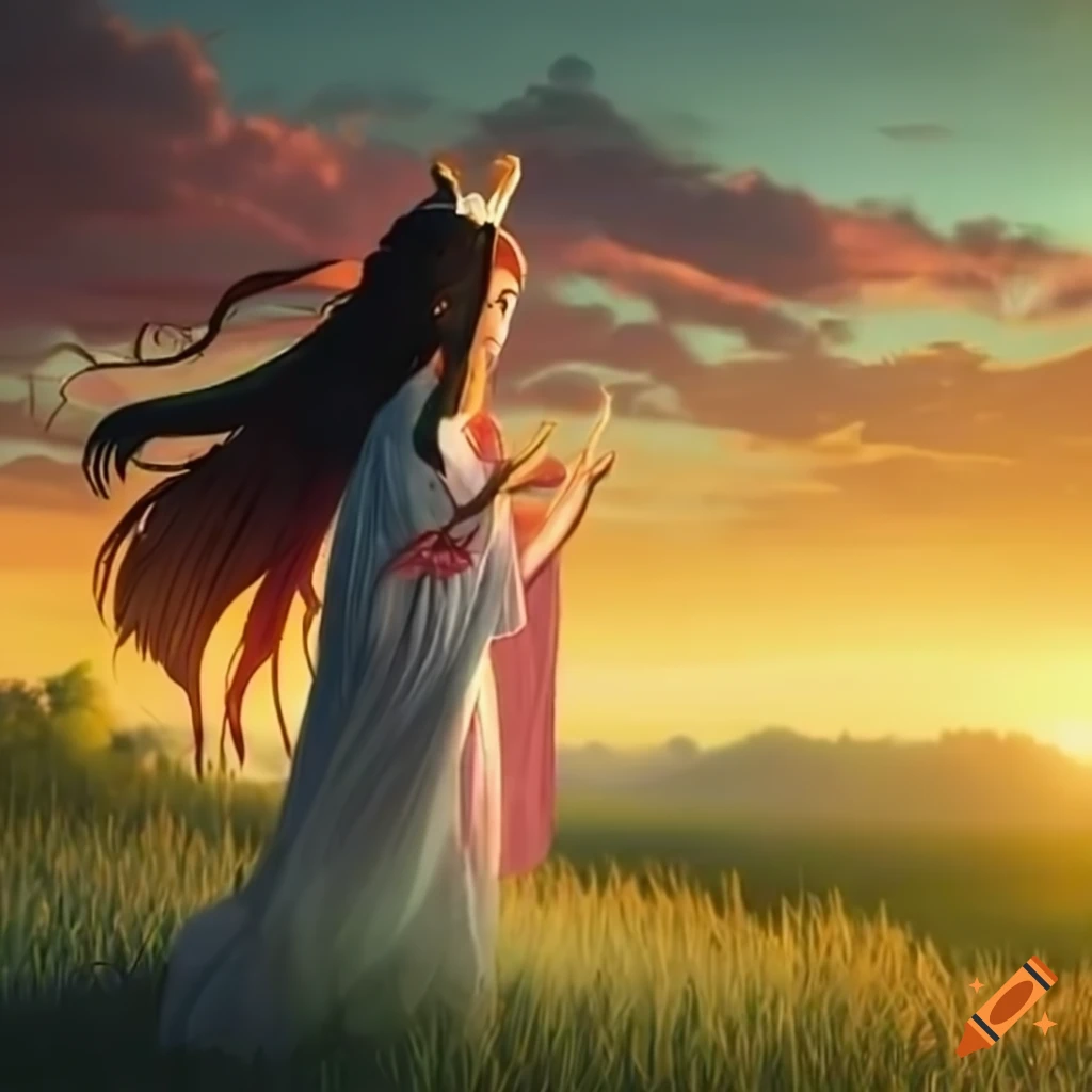 Japanese goddess amaterasu standing in a meadow with sunrise on Craiyon