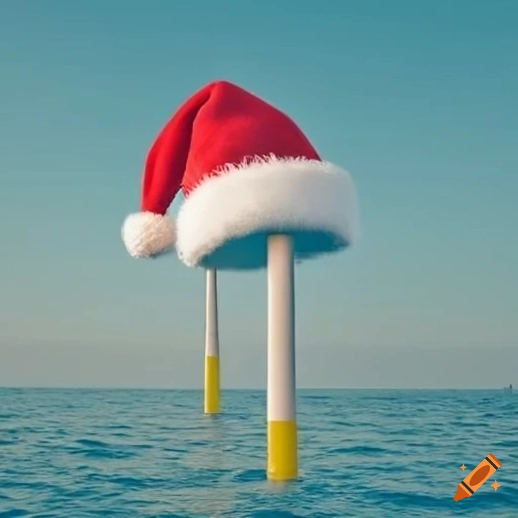 Offshore wind turbine with a santa hat on Craiyon