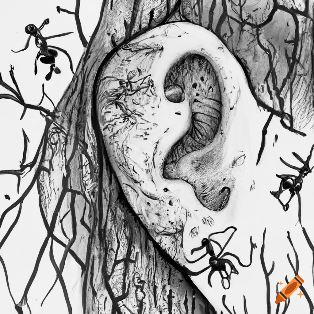 Surrealist drawing of a big ear with ants near a tree on Craiyon